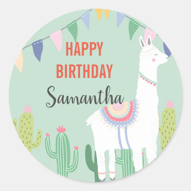 Cute Llama Happy Birthday Cactus Succulents Classic Round Sticker | Zazzle