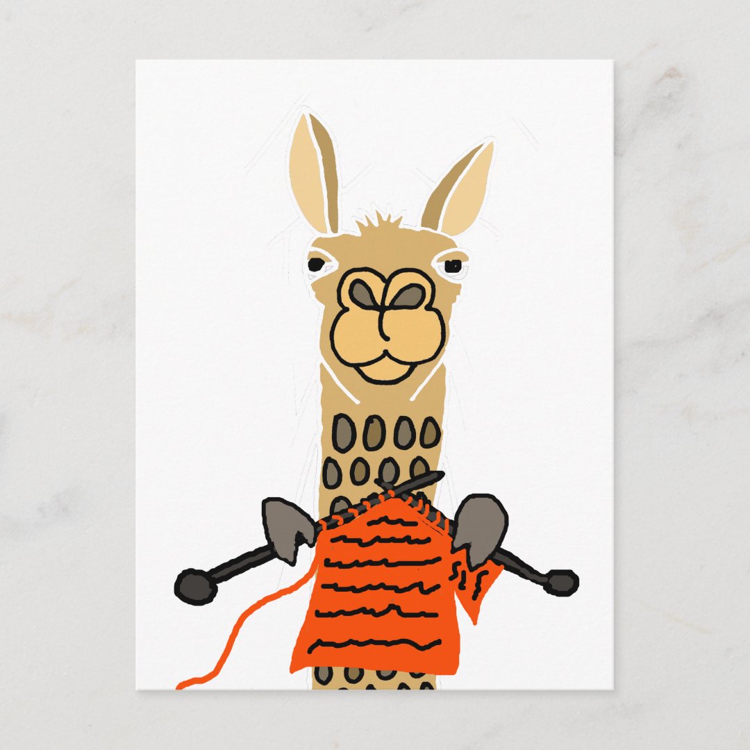 Cute Llama Knitting Cartoon Postcard | Zazzle