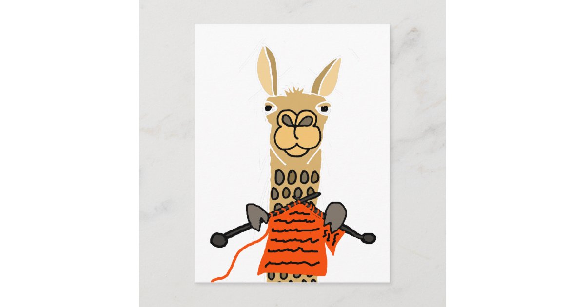 Cute Llama Knitting Cartoon Postcard | Zazzle