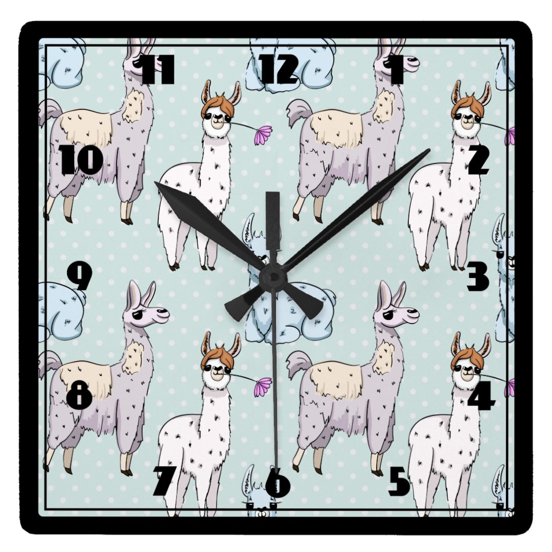 Cute Llama Pattern on Polka Dots Square Wall Clock | Zazzle