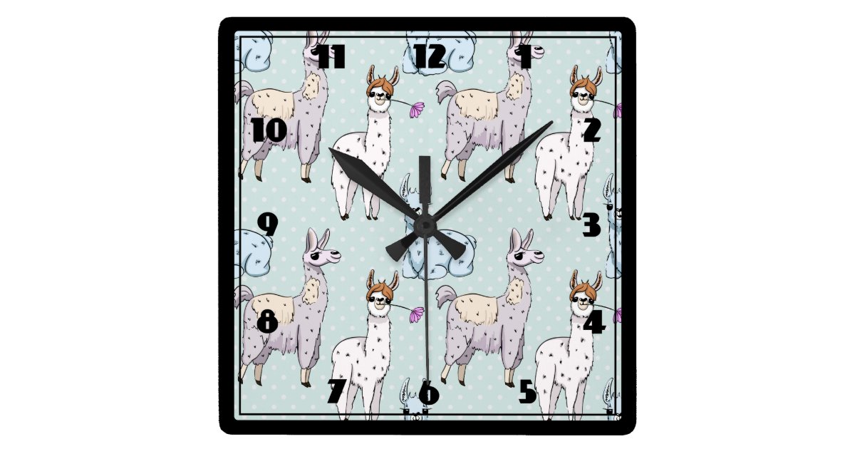 Cute Llama Pattern on Polka Dots Square Wall Clock | Zazzle.com