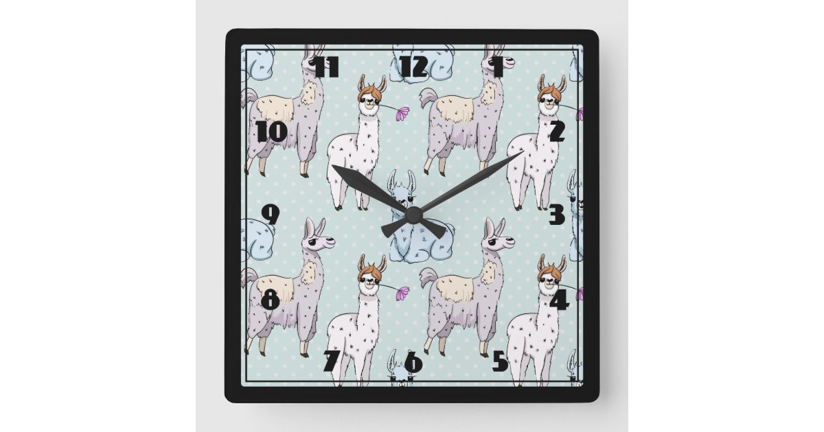 Cute Llama Pattern on Polka Dots Square Wall Clock | Zazzle