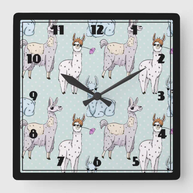 Cute Llama Pattern on Polka Dots Square Wall Clock | Zazzle