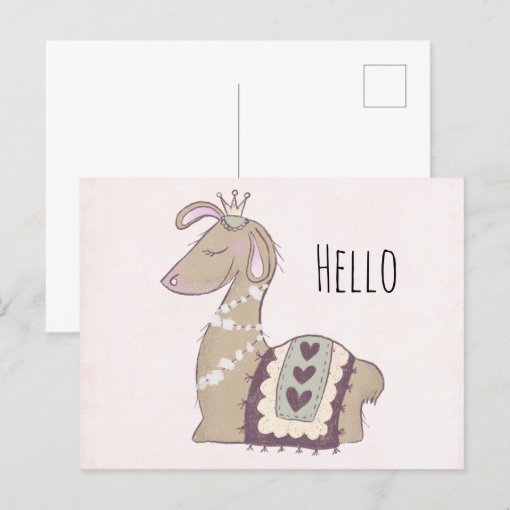 Cute Llama Princess Wearing a Crown Hello Postcard | Zazzle