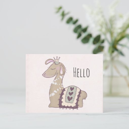 Cute Llama Princess Wearing a Crown Hello Postcard | Zazzle