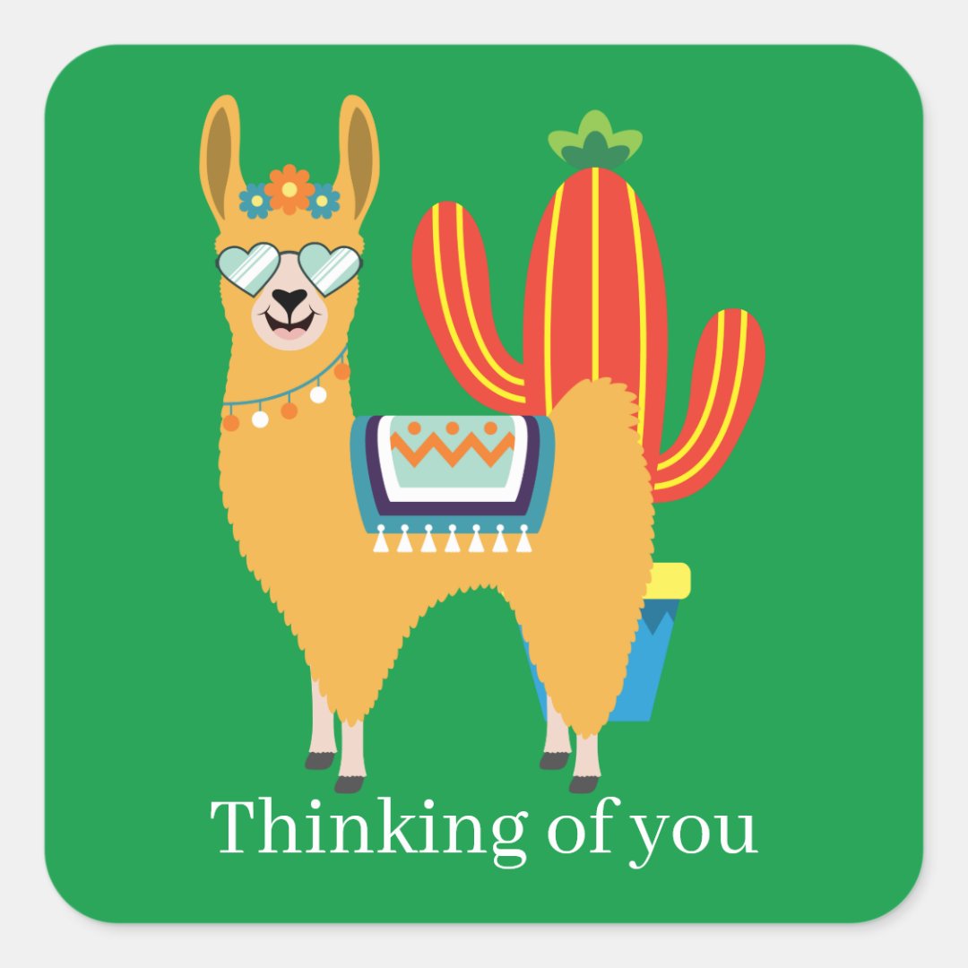 cute llama thinking of you square sticker | Zazzle