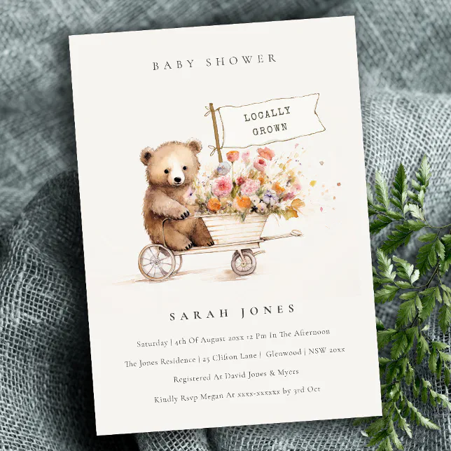 Cute Locally Grown Teddy Floral Cart Baby Shower Invitation | Zazzle