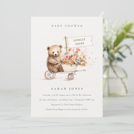 Cute Locally Grown Teddy Floral Cart Baby Shower Invitation | Zazzle