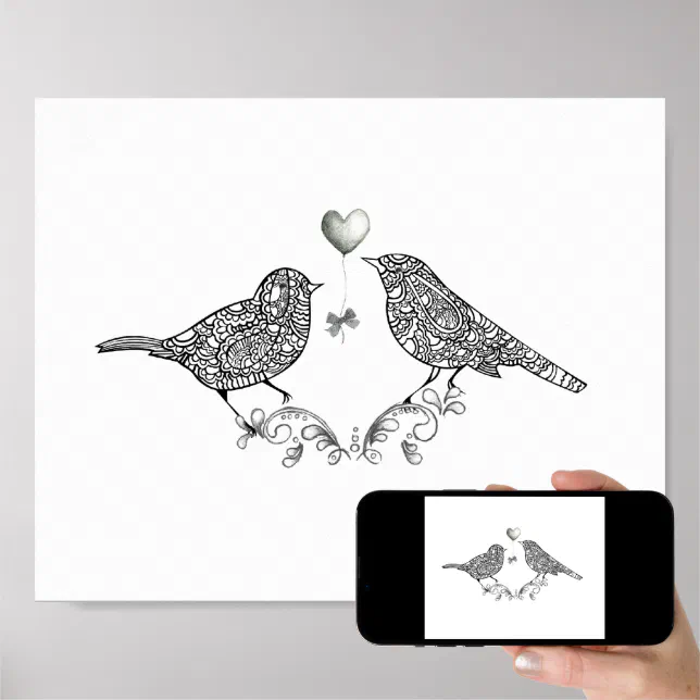 Cute Love Birds in Black and White Poster Print | Zazzle