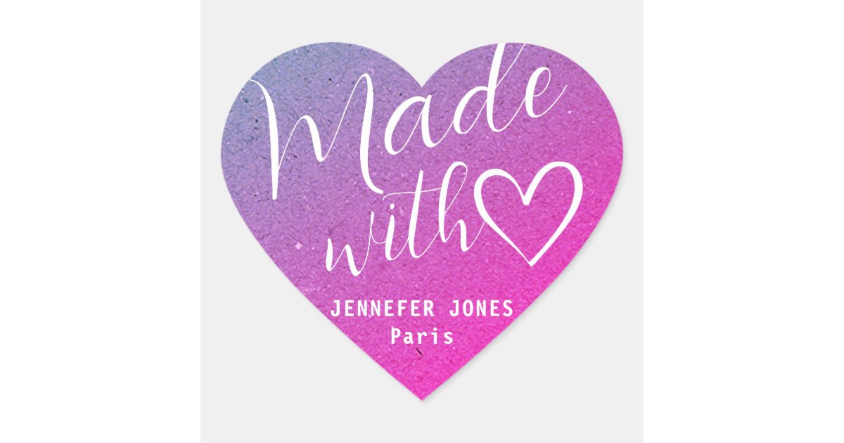 Cute Made with Love Heart Calligraphy Pink Purple Heart Sticker | Zazzle