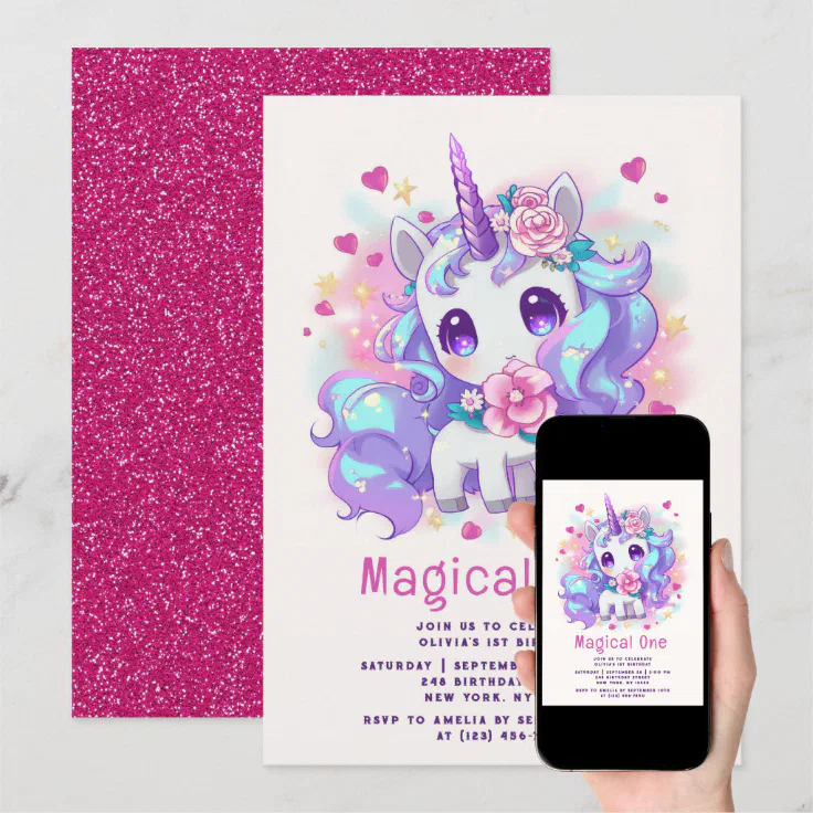 Cute Magical One Modern Unicorn First Birthday Invitation | Zazzle