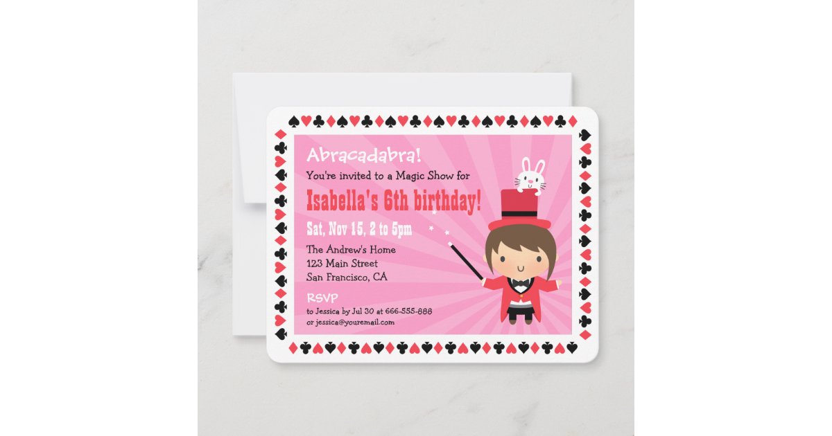 Cute Magician Girl Kids Magic Party Invitations | Zazzle
