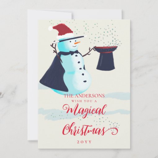 Cute Magician Snowman Santa Hat Magical Christmas Holiday Card | Zazzle