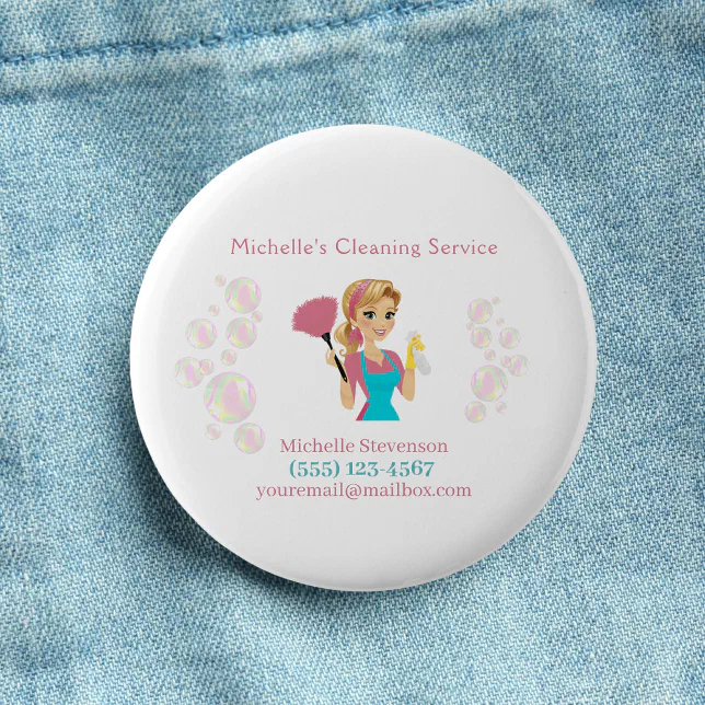 Cute Maid House Pink Glitter Cleaning Service Button | Zazzle