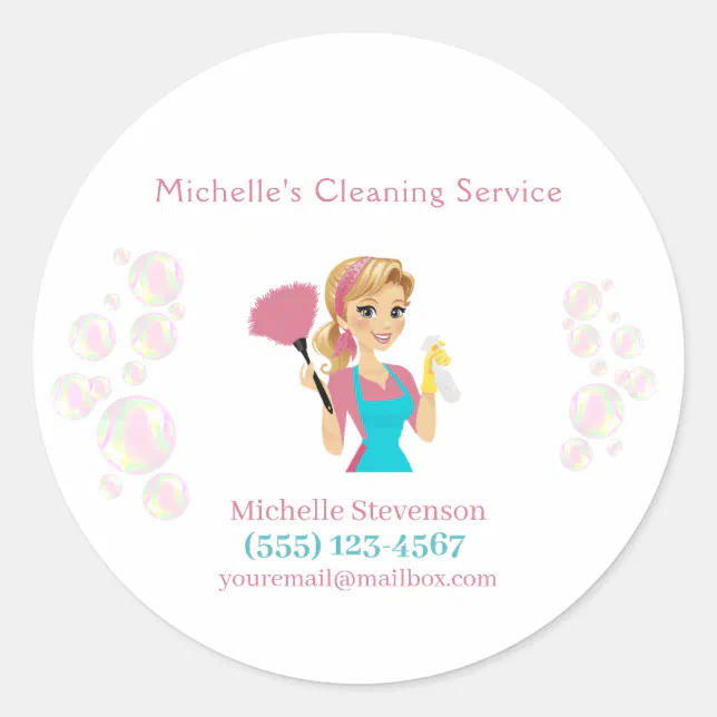 Cute Maid House Pink Glitter Cleaning Service Classic Round Sticker ...