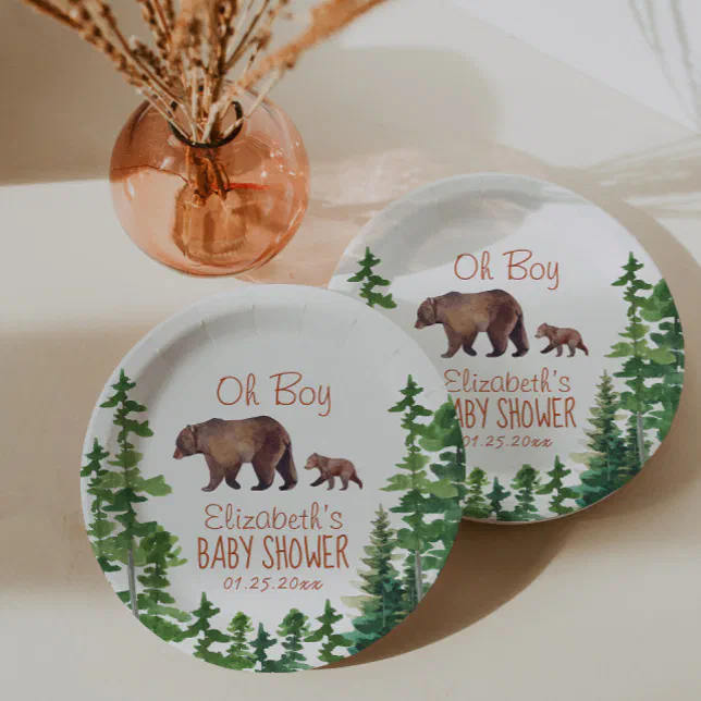 Cute Mama Baby Bear Boy Baby Shower Paper Plates | Zazzle