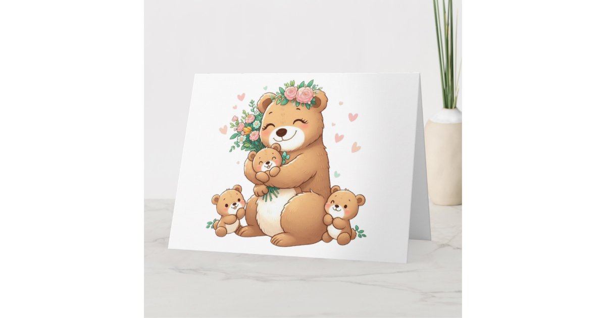 Cute mama bear with three cubs card | Zazzle
