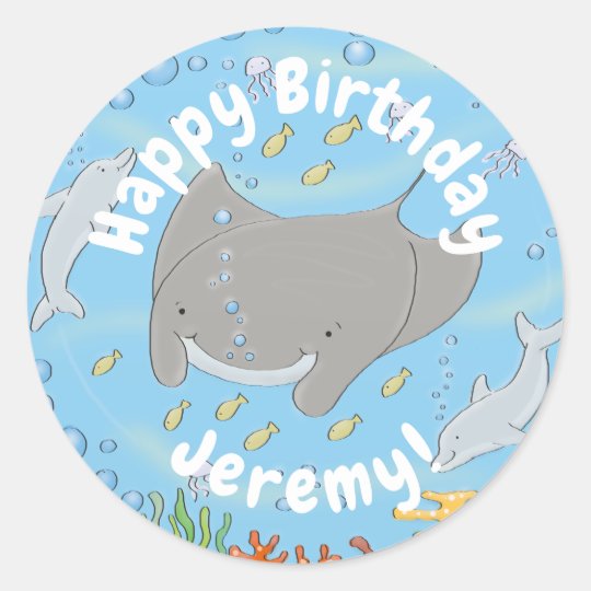Cute manta ray and bubbles cartoon illustration classic round sticker ...