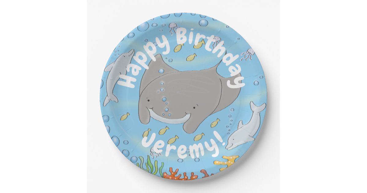 Cute manta ray and bubbles cartoon illustration paper plates | Zazzle