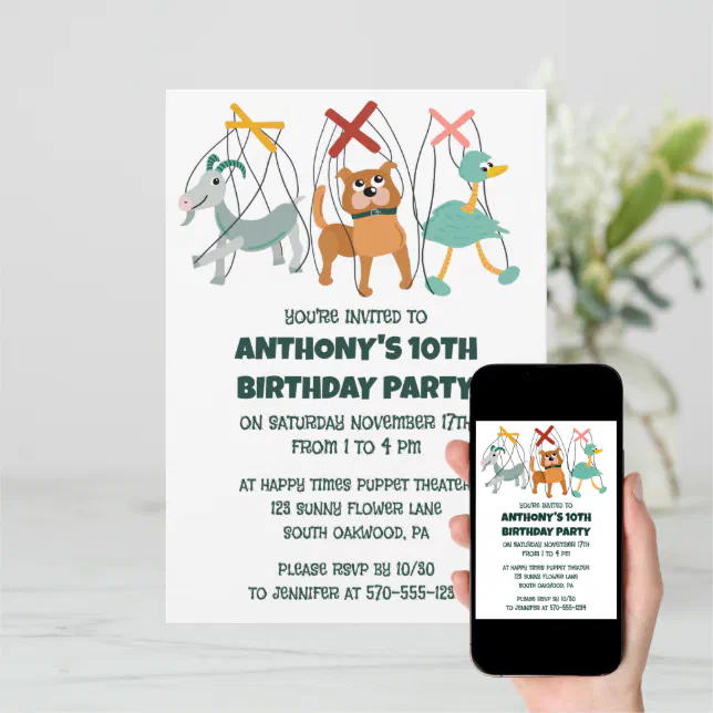 Cute Marionettes Puppet Show Themed Kids Birthday Invitation | Zazzle