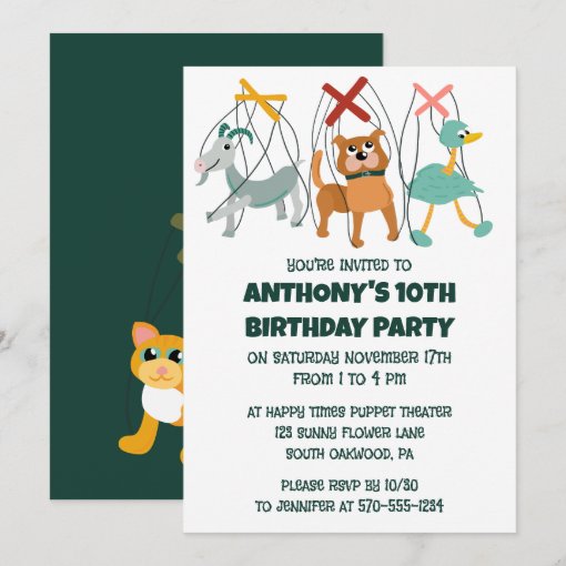 Cute Marionettes Puppet Show Themed Kids Birthday Invitation | Zazzle