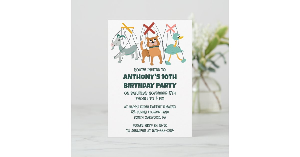 Cute Marionettes Puppet Show Themed Kids Birthday Invitation | Zazzle