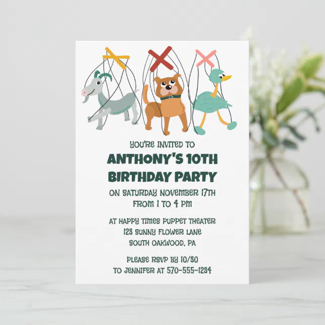 Cute Marionettes Puppet Show Themed Kids Birthday Invitation | Zazzle