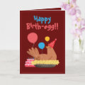 Cute Maroon Funny Chicken and Cake Humor Birthday Card | Zazzle