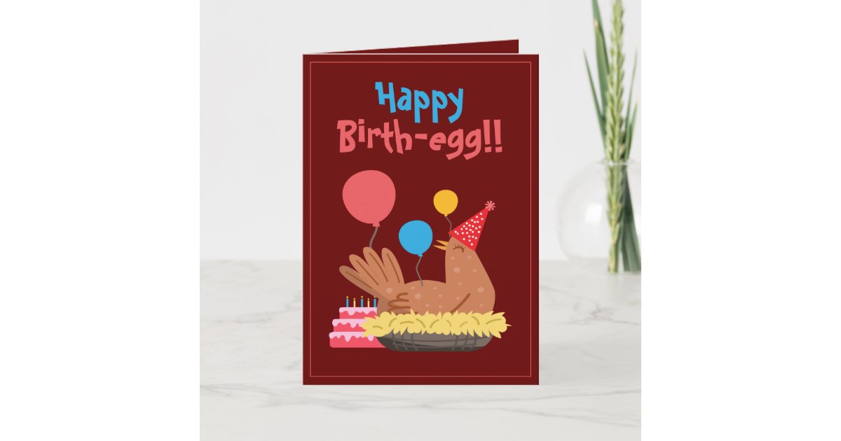 Cute Maroon Funny Chicken and Cake Humor Birthday Card | Zazzle