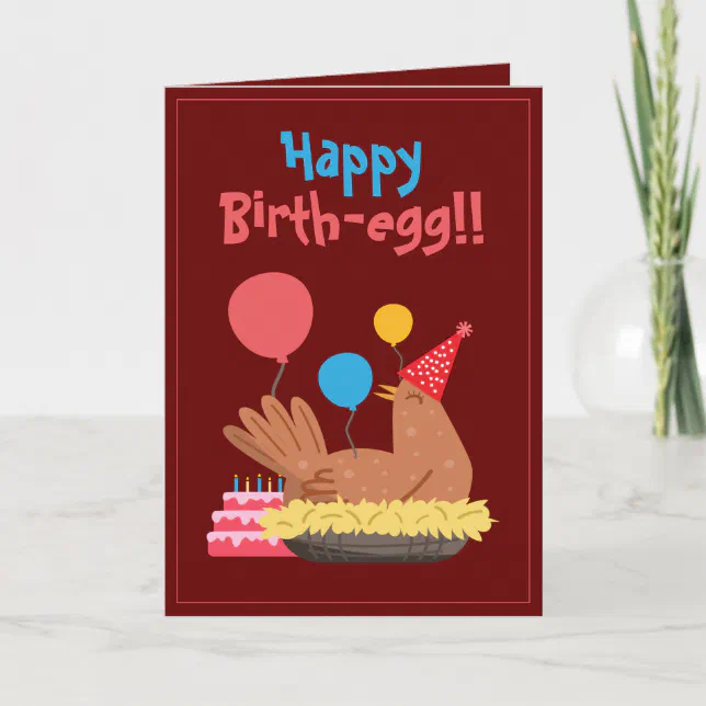 Cute Maroon Funny Chicken and Cake Humor Birthday Card | Zazzle