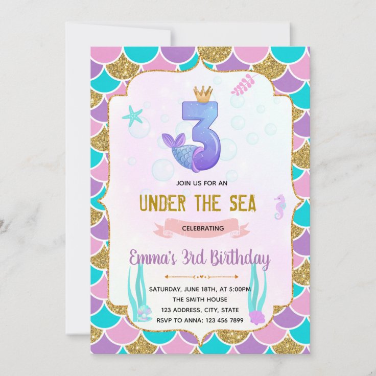 Cute mermaid 3rd birthday invitation | Zazzle