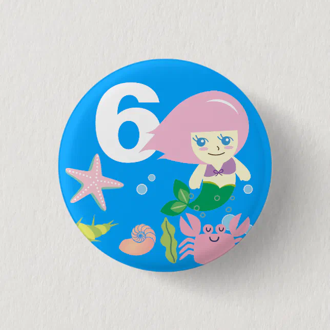 Cute Mermaid and Crab Kids Birthday Any Age Button | Zazzle