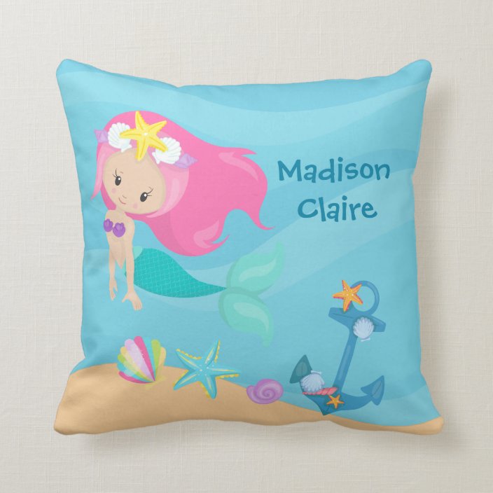 Cute Mermaid Beach Girl Beach House Kids Room Throw Pillow | Zazzle.com