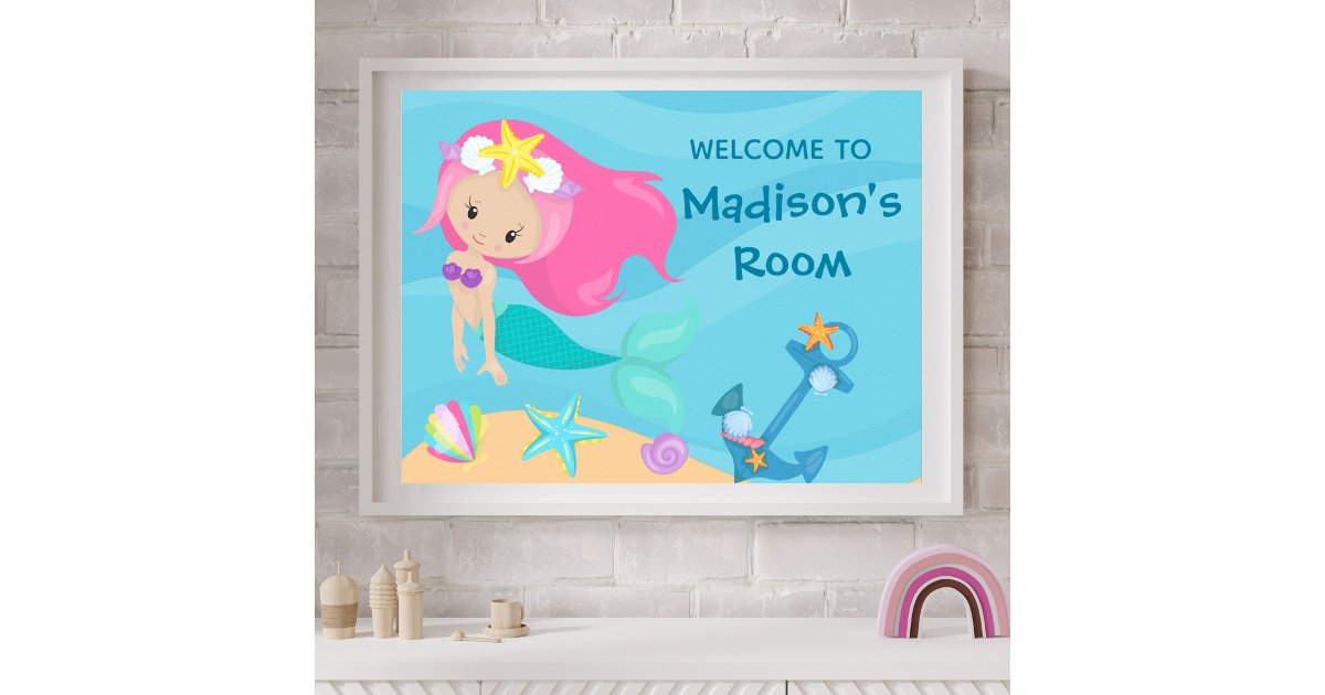 Cute Mermaid Beach Girl Custom Welcome to My Room Poster | Zazzle