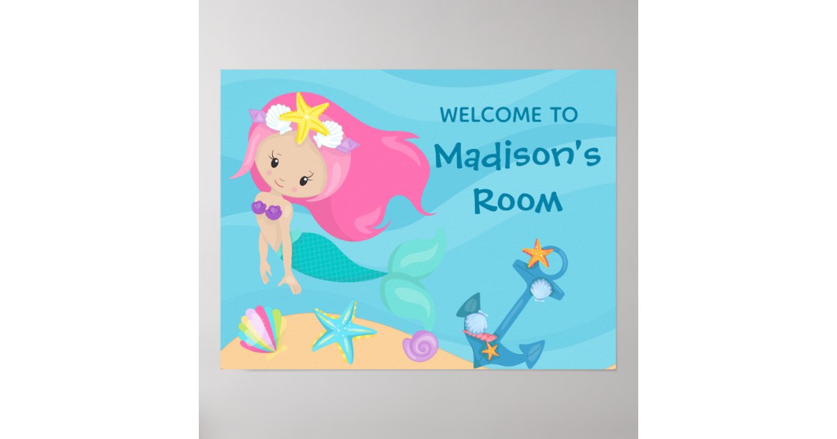 Cute Mermaid Beach Girl Custom Welcome to My Room Poster | Zazzle