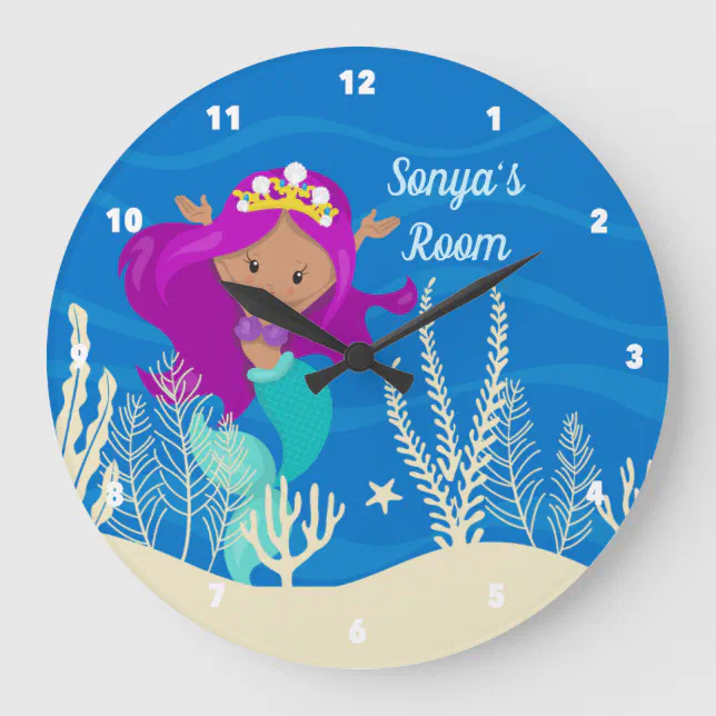 Cute Mermaid Beach Girl Ocean Blue Bedroom Large Clock | Zazzle