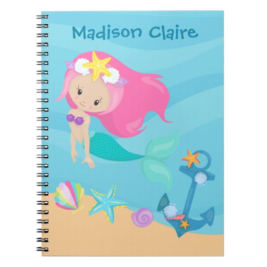 Cute Mermaid Beach Girl Pink Hair Custom Kids Notebook | Zazzle.com