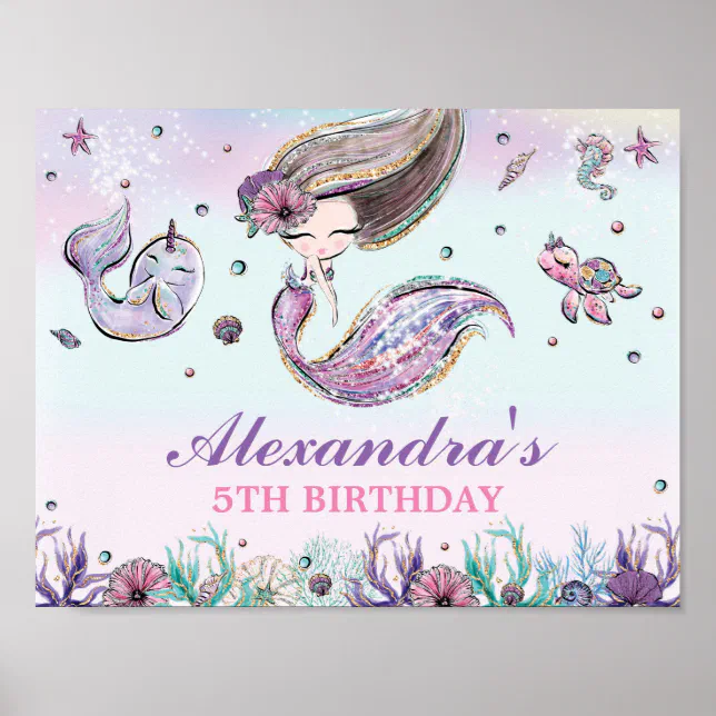 Cute Mermaid Birthday Under the Sea Pool Welcome Poster | Zazzle