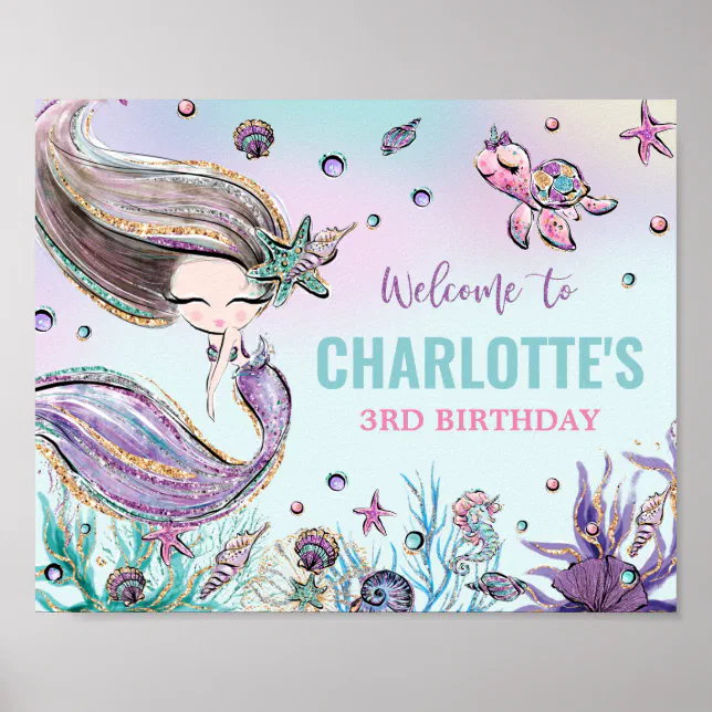 Cute Mermaid Birthday Under the Sea Pool Welcome Poster | Zazzle