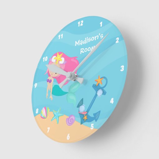 Cute Mermaid Girl Beach House Personalized Kids Round Clock | Zazzle