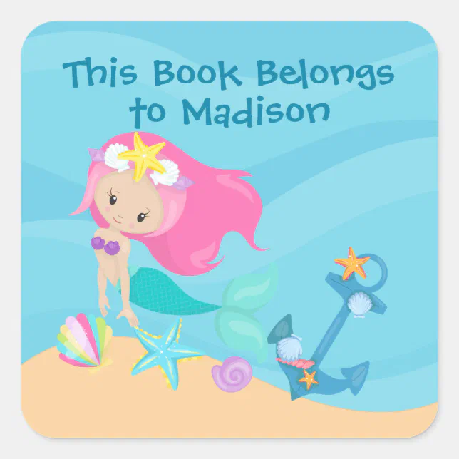 Cute Mermaid Girl Beach This Book Belongs To Square Sticker | Zazzle