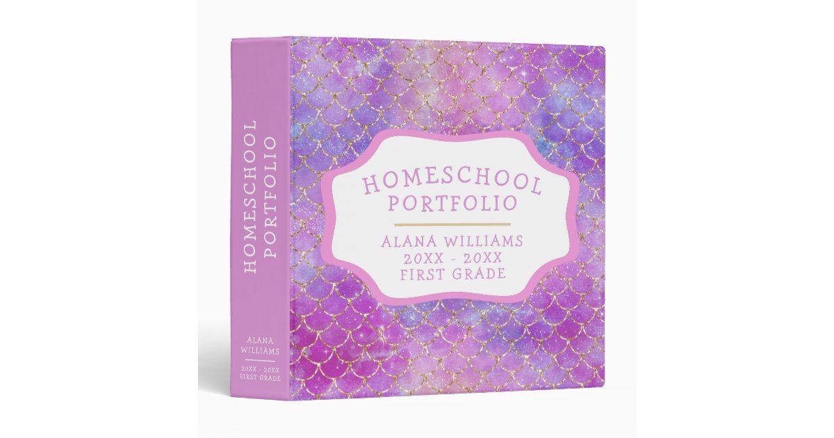 Cute Mermaid Pink Gold Homeschool Portfolio 3 Ring Binder | Zazzle