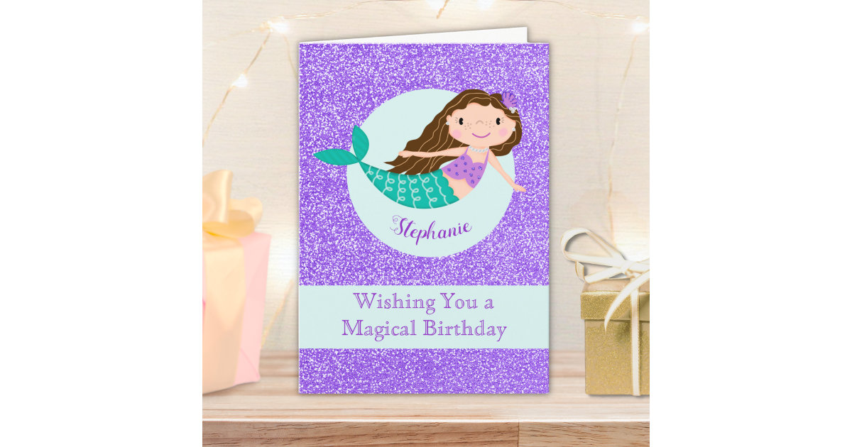 Cute Mermaid Purple Glitter Personalized Card | Zazzle