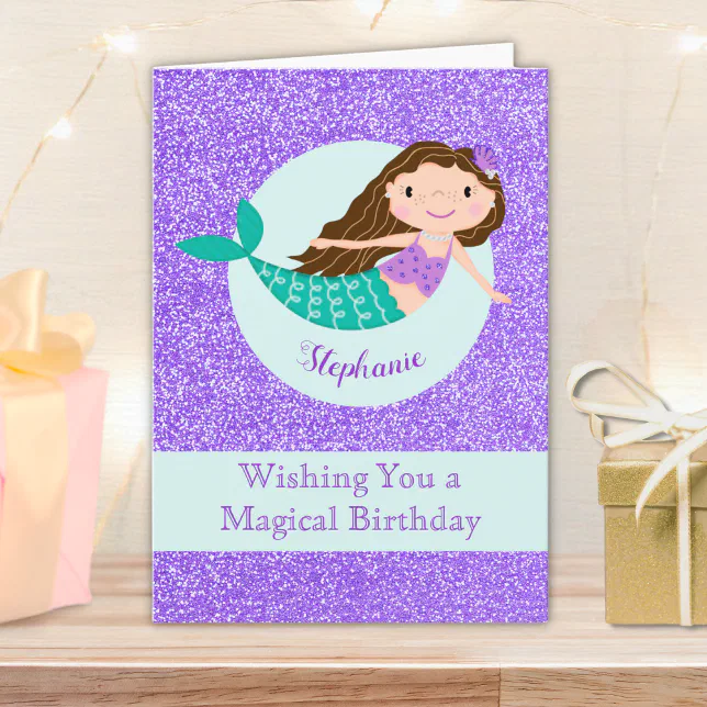 Cute Mermaid Purple Glitter Personalized Card | Zazzle