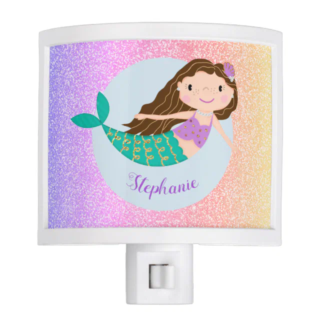 Cute Mermaid Rainbow Glitter Personalized Night Light | Zazzle