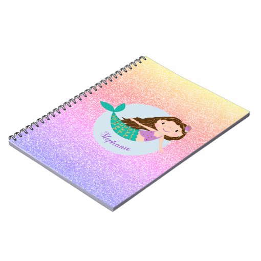 Cute Mermaid Rainbow Glitter Personalized Notebook | Zazzle