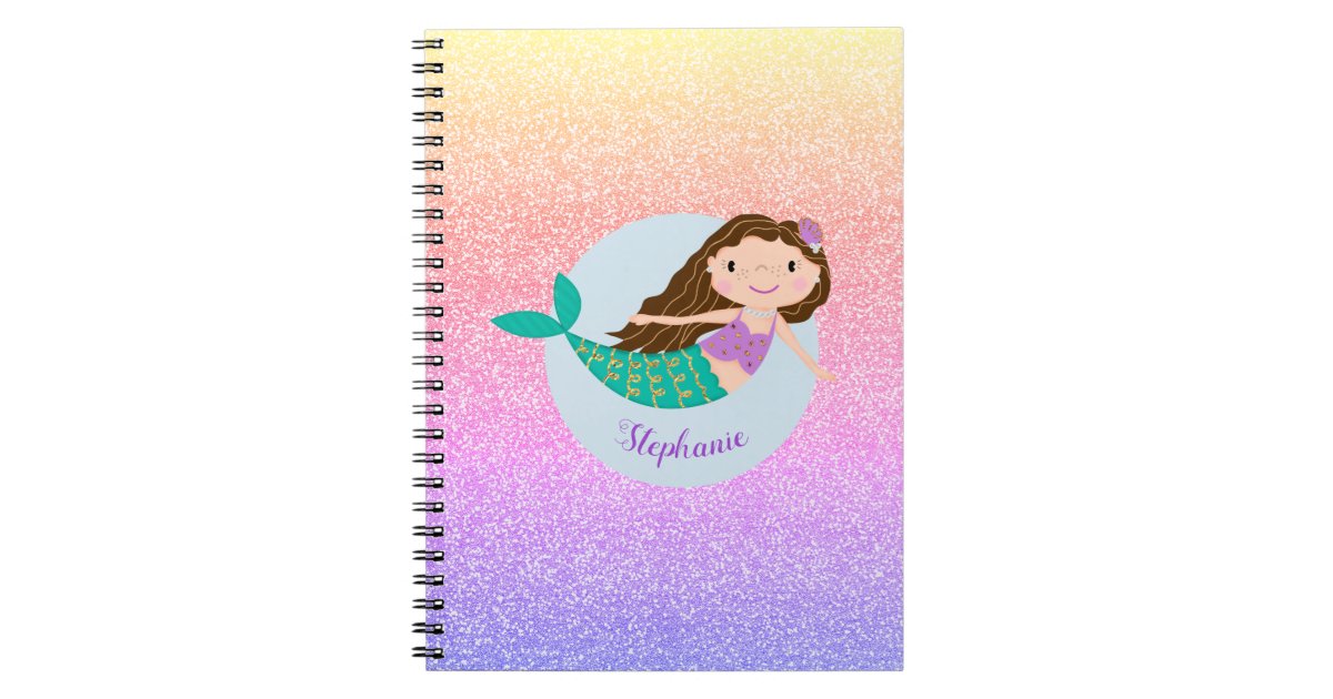 Cute Mermaid Rainbow Glitter Personalized Notebook | Zazzle