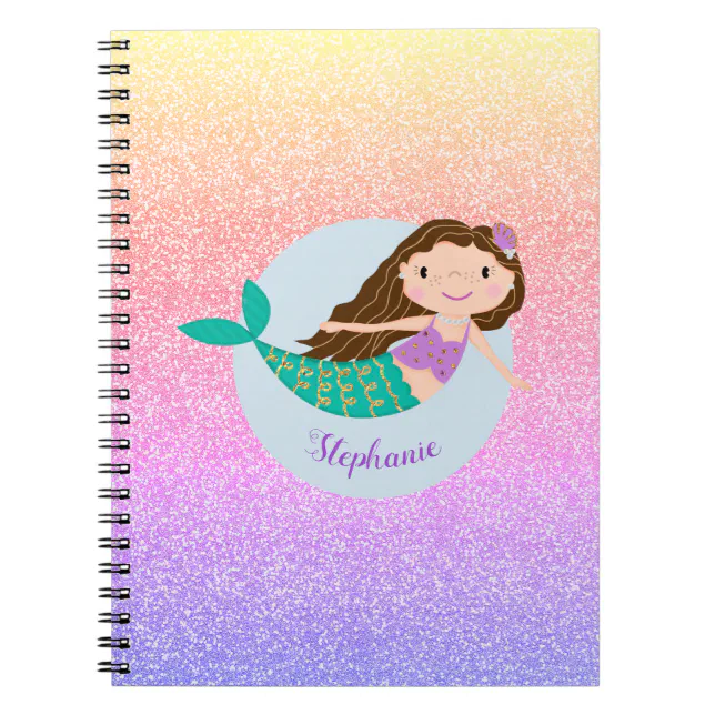 Cute Mermaid Rainbow Glitter Personalized Notebook | Zazzle