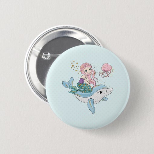 Cute Mermaid Riding a Dolphin Under the Sea Button | Zazzle