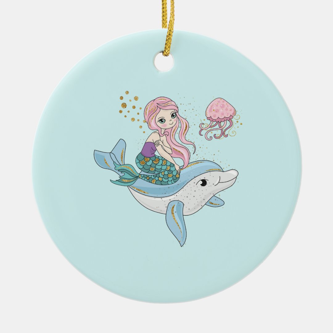 Cute Mermaid Riding a Dolphin Under the Sea Ceramic Ornament | Zazzle